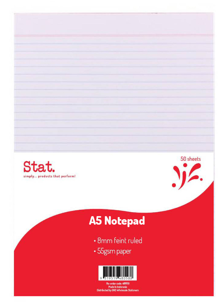 2 X Stat A5 Notepad 8mm Ruled White 55gsm - 50 Sheets ⋆ Spend With Us ...