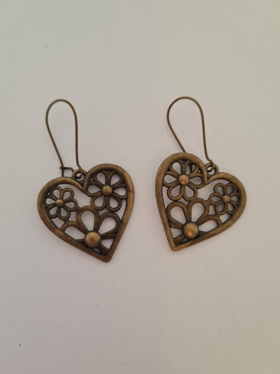 Bronze heart shaped flower detail dangle earrings ⋆ Spend With Us - Buy ...
