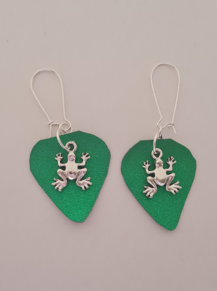 Green faux leather guitar pick dangle earrings with silver frogs ⋆ ...